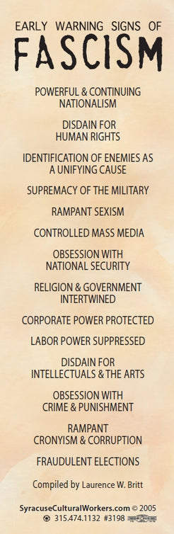 Bookmark - Early Warning Signs of Fascism – Syracuse Cultural Workers